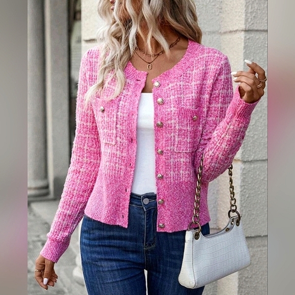 Sweaters | New Chic Plaid Tweed Knit Cardigan Sweater Hot Pink White ...